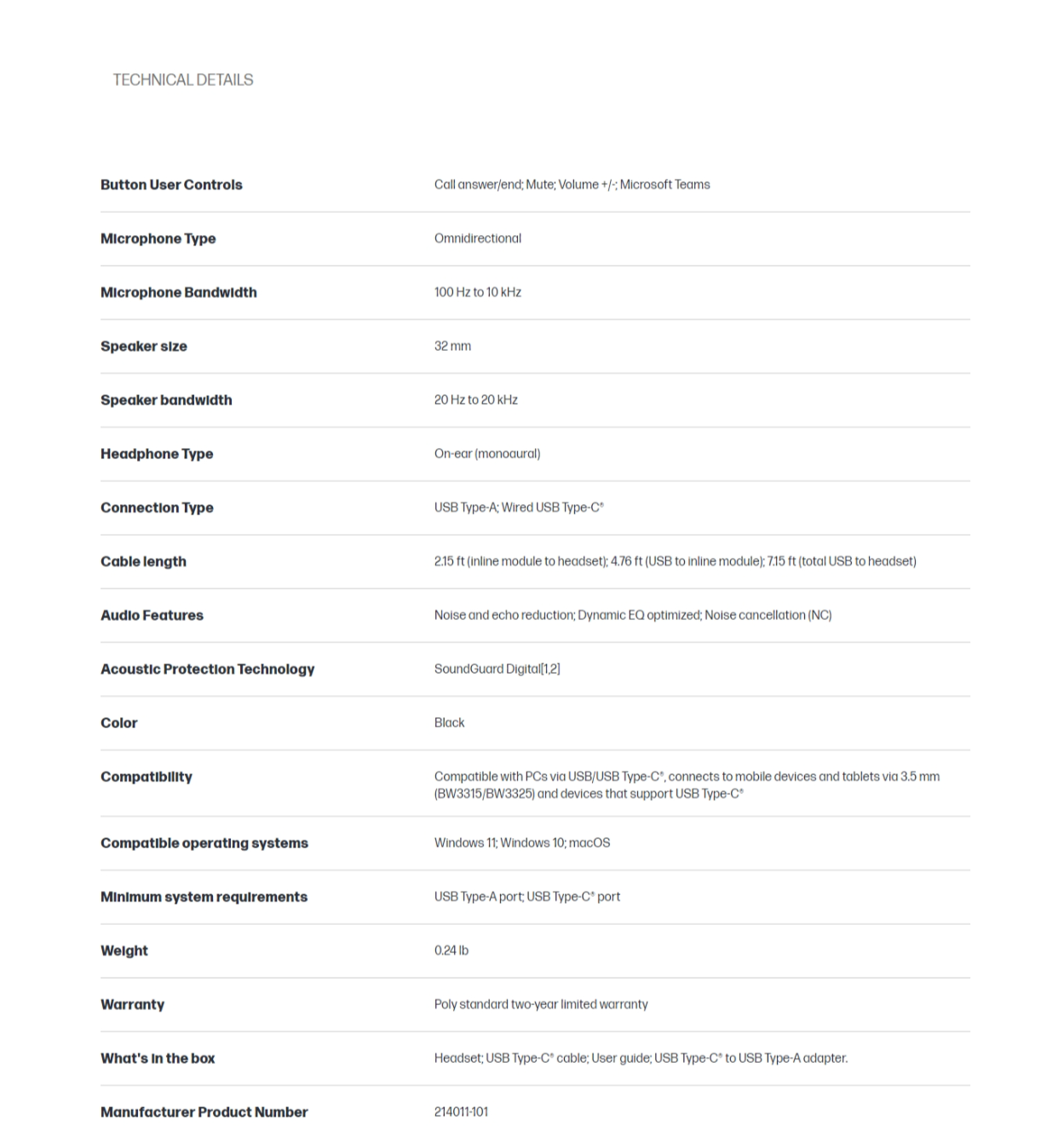 Poly Blackwire 3310 Microsoft Certified Monaural USB-C/A หูฟังโมโน หู ...