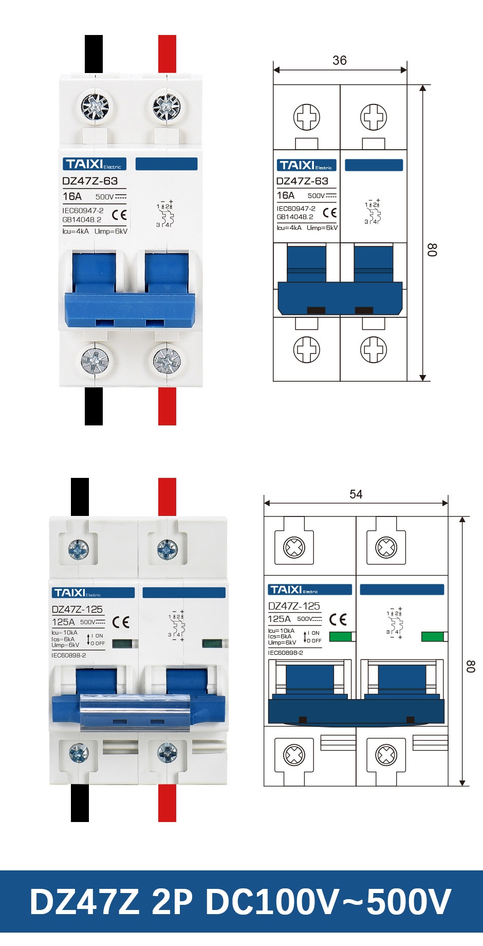 TAIXI Solar Energy Photovoltaic DC Circuit Breaker PV Switch MCB DC250V 500V 1000V 16A 32A 40A ...