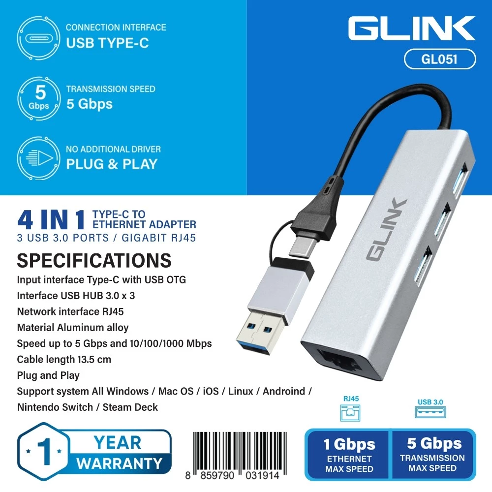 Glink GL051 Type-C to USB 3.0 4IN1 Ethernet อุปกรณ์เพิ่มช่องต่อ USB3.0 + RJ-45 10/100/1000 GL051 ...