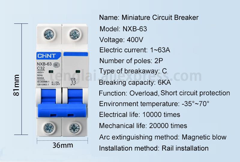 Chint Chnt 2P Miniature Circuit Breaker Type C NXB 63 AC 380V 400V Air Switch | Lazada.co.th