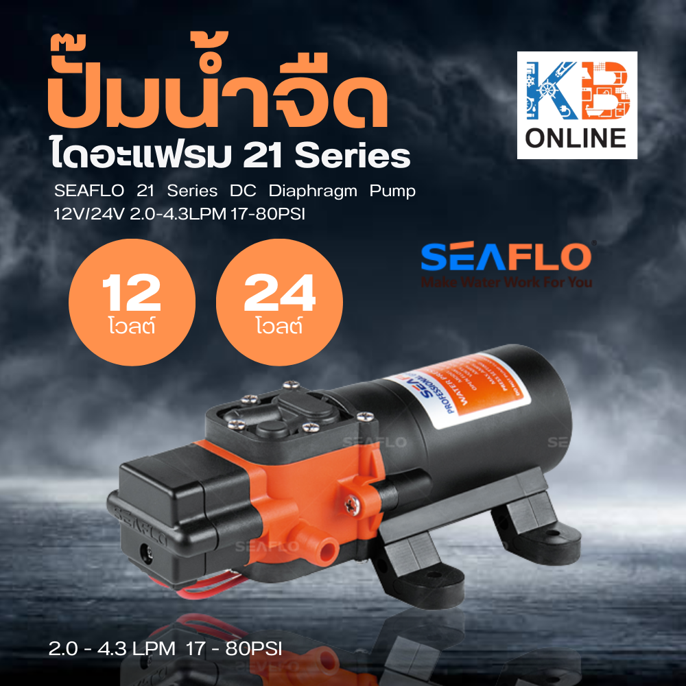 SEAFLO ปั๊มน้ำ DC12V , 24V ซีรี่ย์ 21 แรงดัน 4.8 บาร์ ปั๊มพ่นยา SFDP1-011-070-21 , SFDP2-011-070 ...