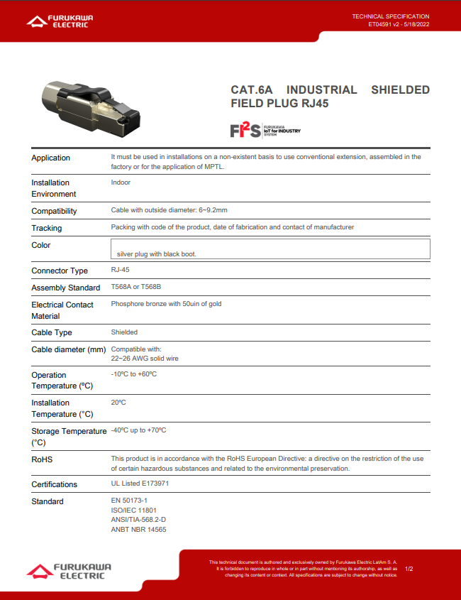 Furukawa Cabling CAT6A INDUSTRIAL SHIELDED FIELD PLUG RJ45 ของแท้ ประกันศูนย์ 1ปี