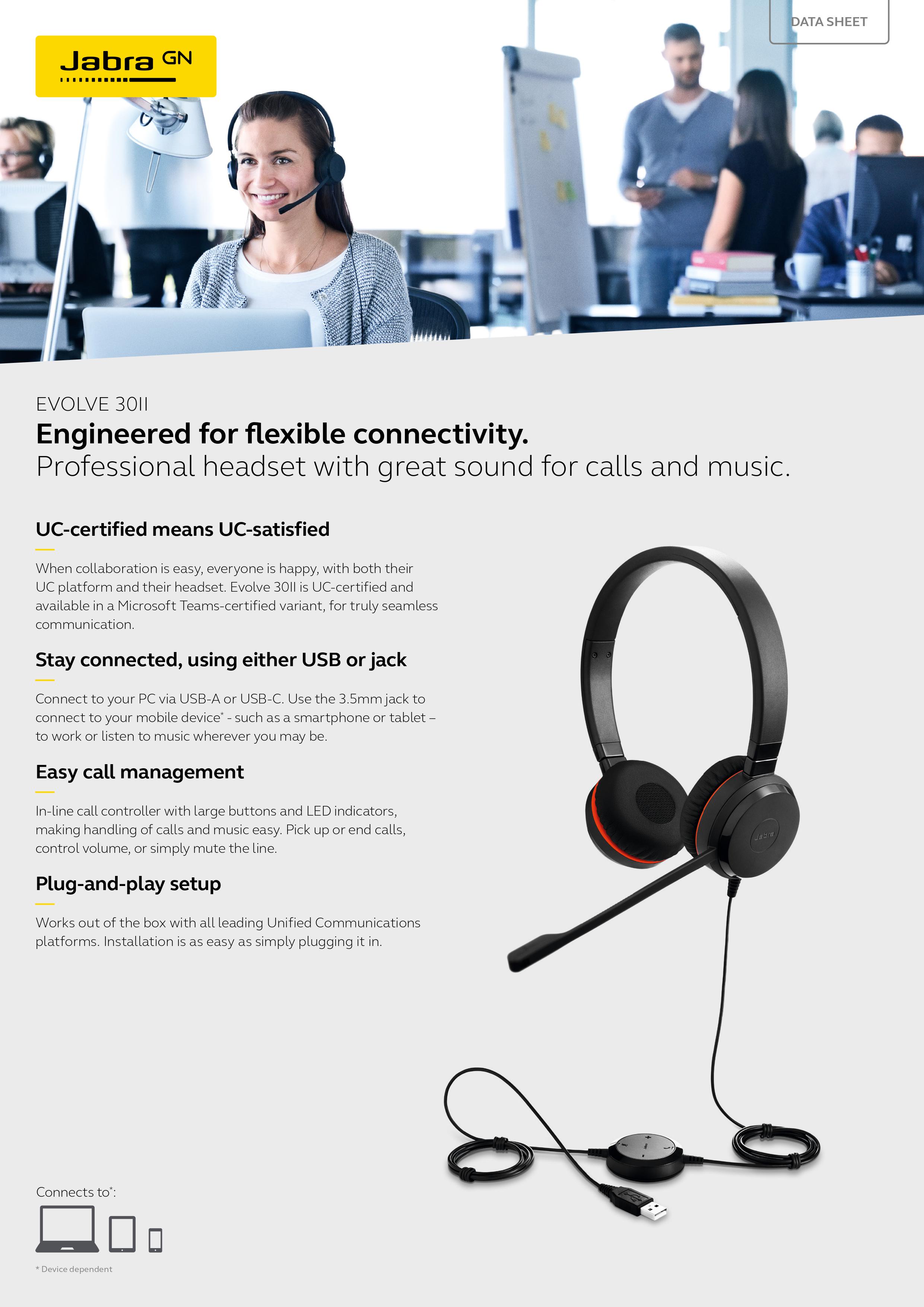 Jabra EVOLVE 30 II MS Mono USB-A หูฟังข้างเดียว มีไมโครโฟนตัดเสียงรบกวน ...