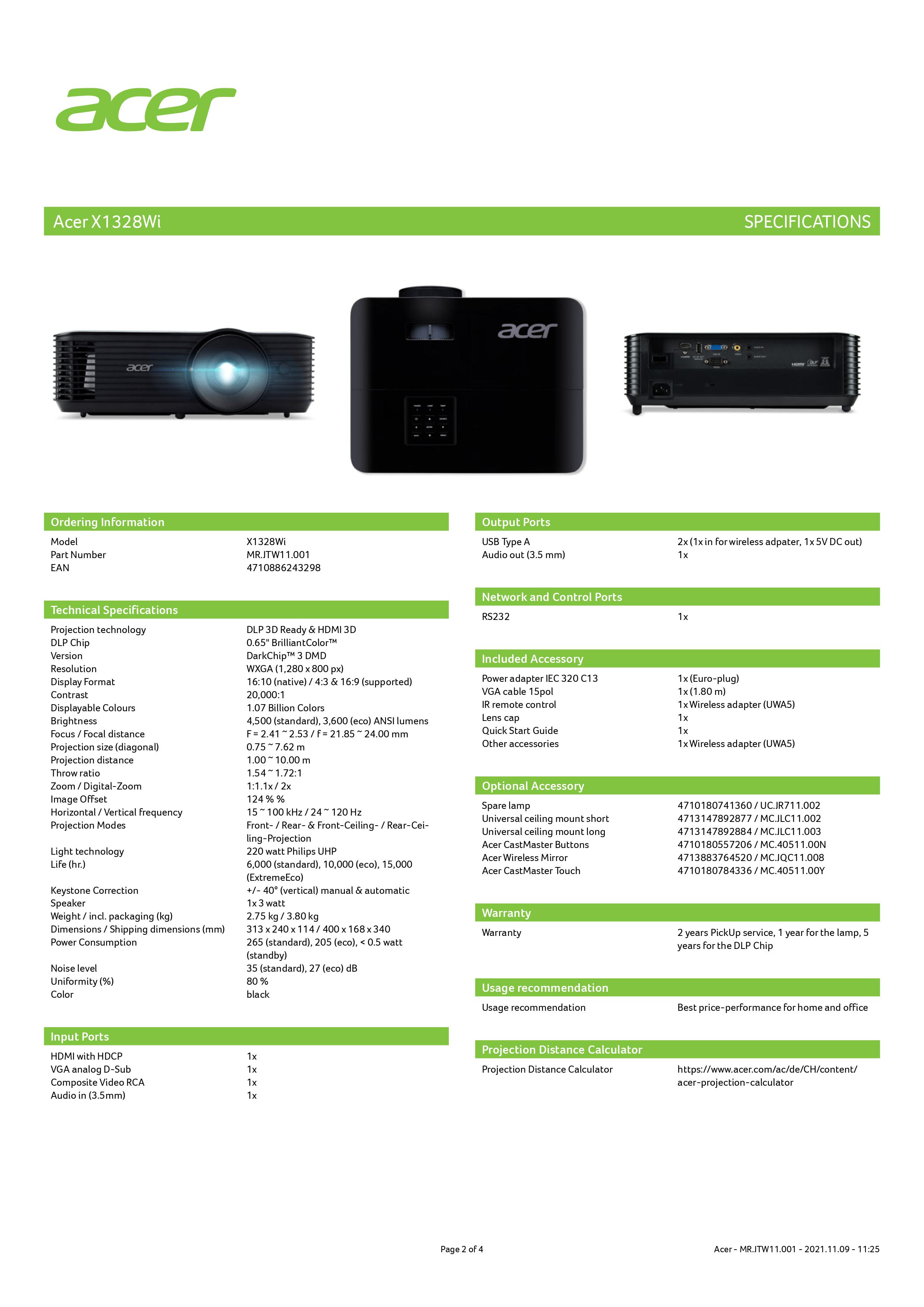 Acer Wireless Projector X1328Wi เครื่องโปรเจคเตอร์ ไร้สาย ของแท้ ประกันศูนย์ 3ปี