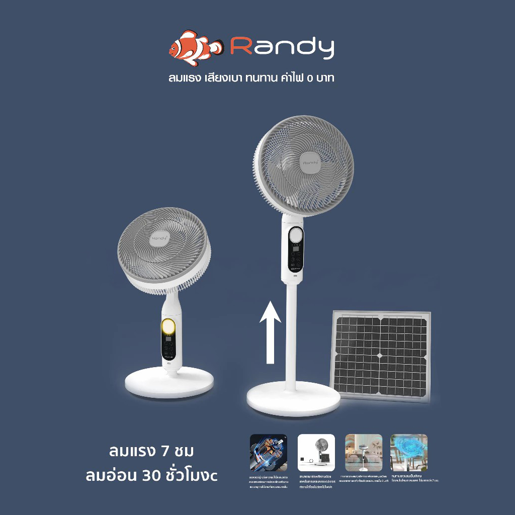 RANDY Solar Fan 14นิ้ว โซล่า พัดลมหมุนเวียนอากาศ 360° พัดลมตั้งพื้น ปรับความสูง ปรับแรงลมได้ พัด ...