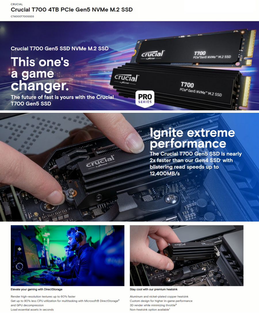 Crucial T700 4TB PCIe Gen4 NVMe M.2 SSD 2280 เอสเอสดี ของแท้ ประกันศูนย์ 5ปี