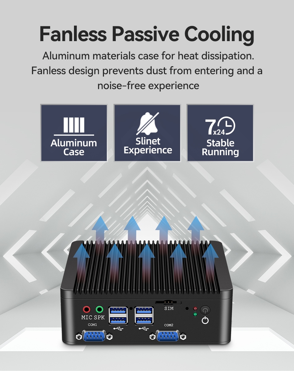 BEBEPC Industrial Mini PC Fanless Celeron J4125 Quad-Core N4000 2 LAN 4 COM Desktop Computer ...