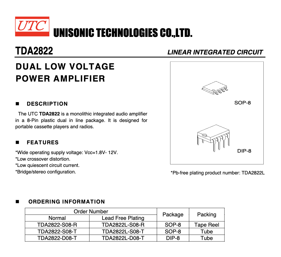 (1ตัว) [IC] TDA2822 UTC DUAL LOW VOLTAGE POWER AMPLIFIER - KengAmp : Inspired by LnwShop.com (v2)