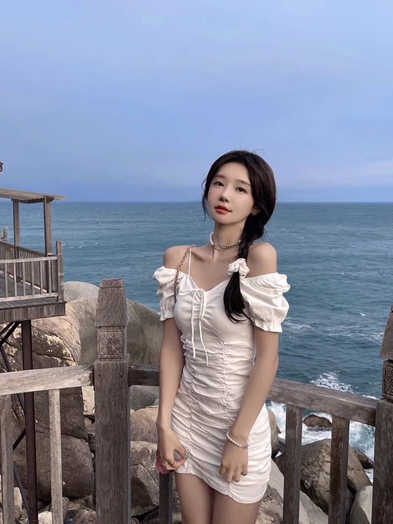 Zeus Trendy ชุดเดรสสีขาว drawstring สลิมมิ่งชุดสีขาวหญิง เดรส แขนพอง คอ ...