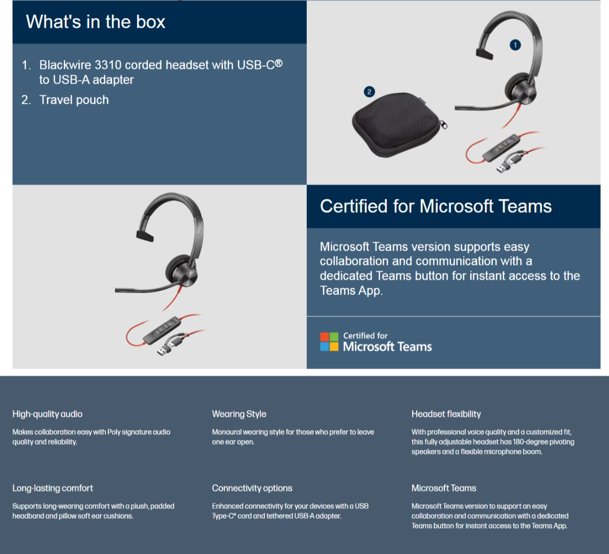 Poly Blackwire 3310 Microsoft Certified Monaural USB-C/A หูฟังโมโน หู ...