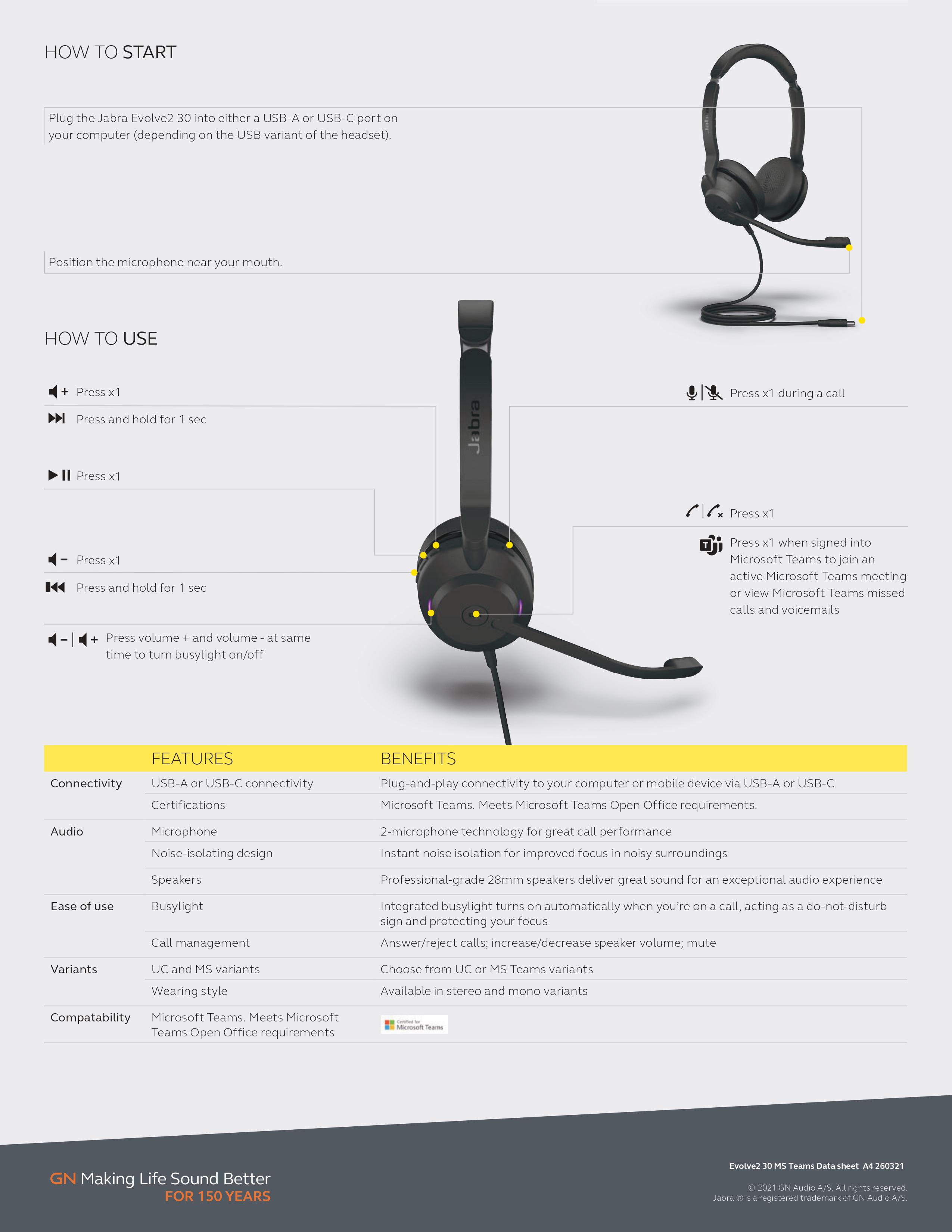 Jabra Evolve2 30 SE MS Duo USB-A Headset หูฟัง พร้อมไมโครโฟน เชื่อมต่อ ...