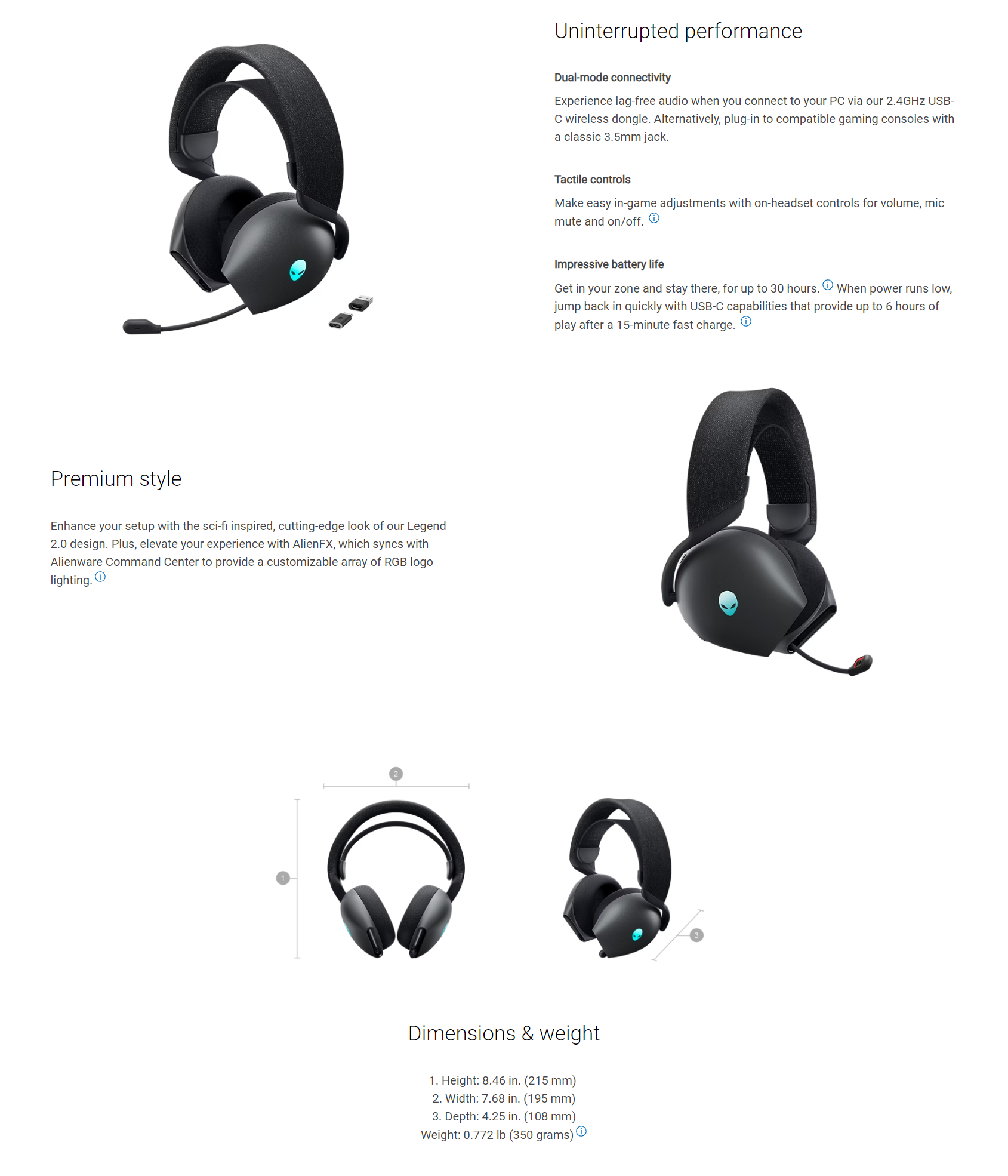Dell Alienware Dual-Mode Wireless Gaming Headset (AW720H) Dark Side of ...
