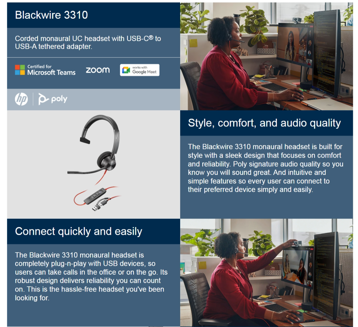 Poly Blackwire 3310 Microsoft Certified Monaural USB-C/A หูฟังโมโน หู ...