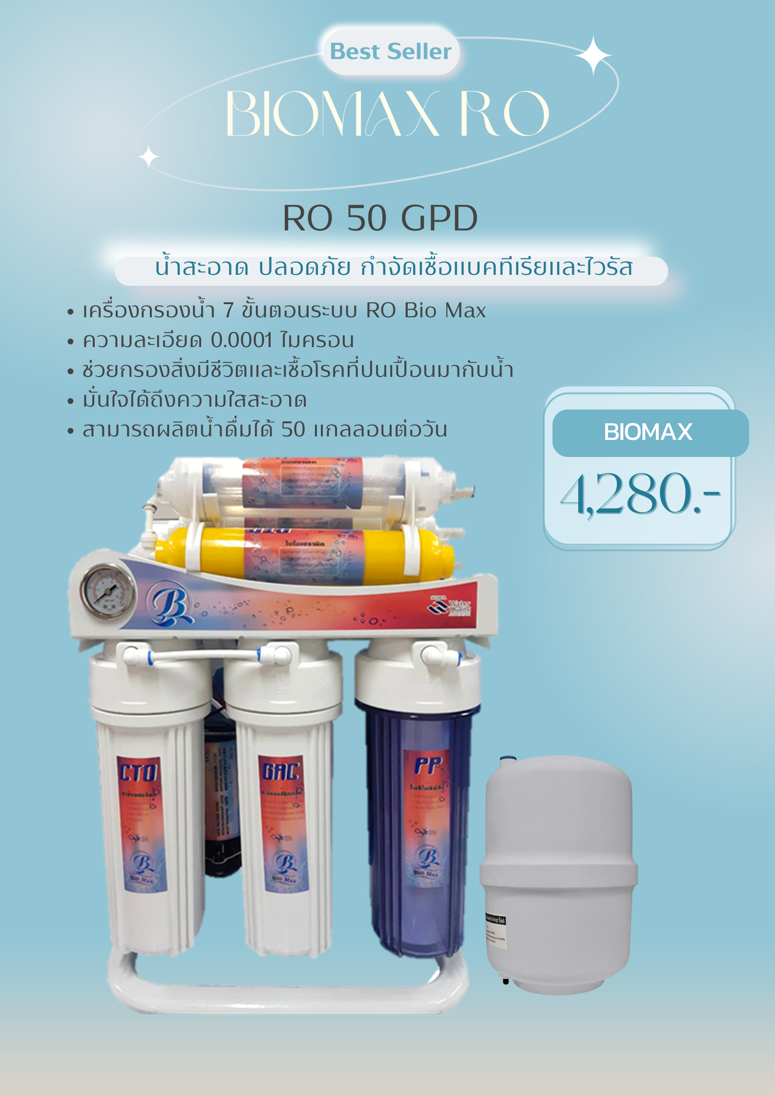 Biomax เครื่องกรองน้ำ RO75GPD Fiber Tank 6 ขั้นตอนอุปกรณ์ติดตั้งครบชุด ...