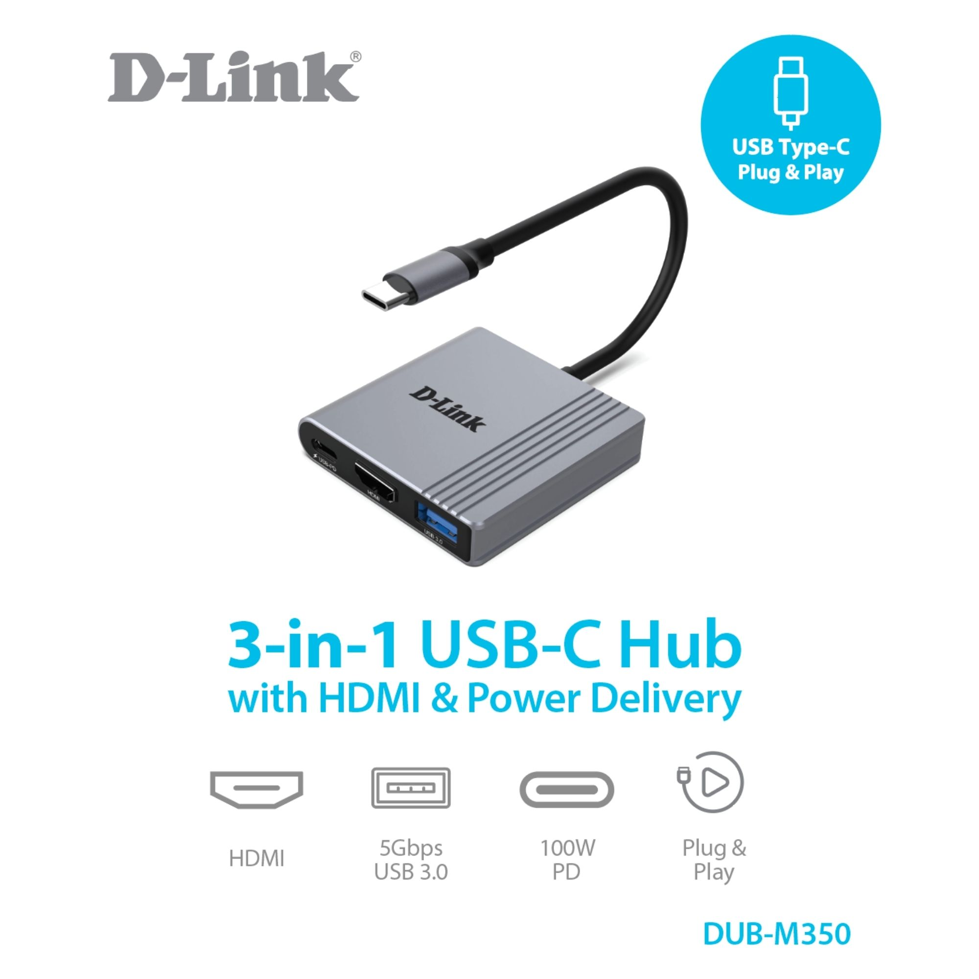 D-Link DUB-M350 3in1 USB-C Hub with HDMI, 1USB-C, PD100W อะแดปเตอร์ ของ ...