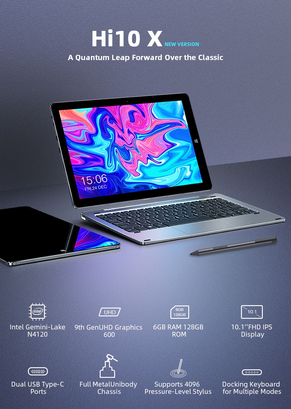 CHUWI Hi10 X 10.1 Inch FHD Screen Intel Celeron Quad Core 6GB RAM 128GB ROM Windows Tablets Dual ...