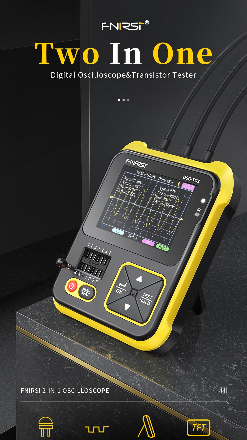 FNIRSI 200KHZ2.4 IncHandheld Digital Oscilloscope 1CH 2in1 ...